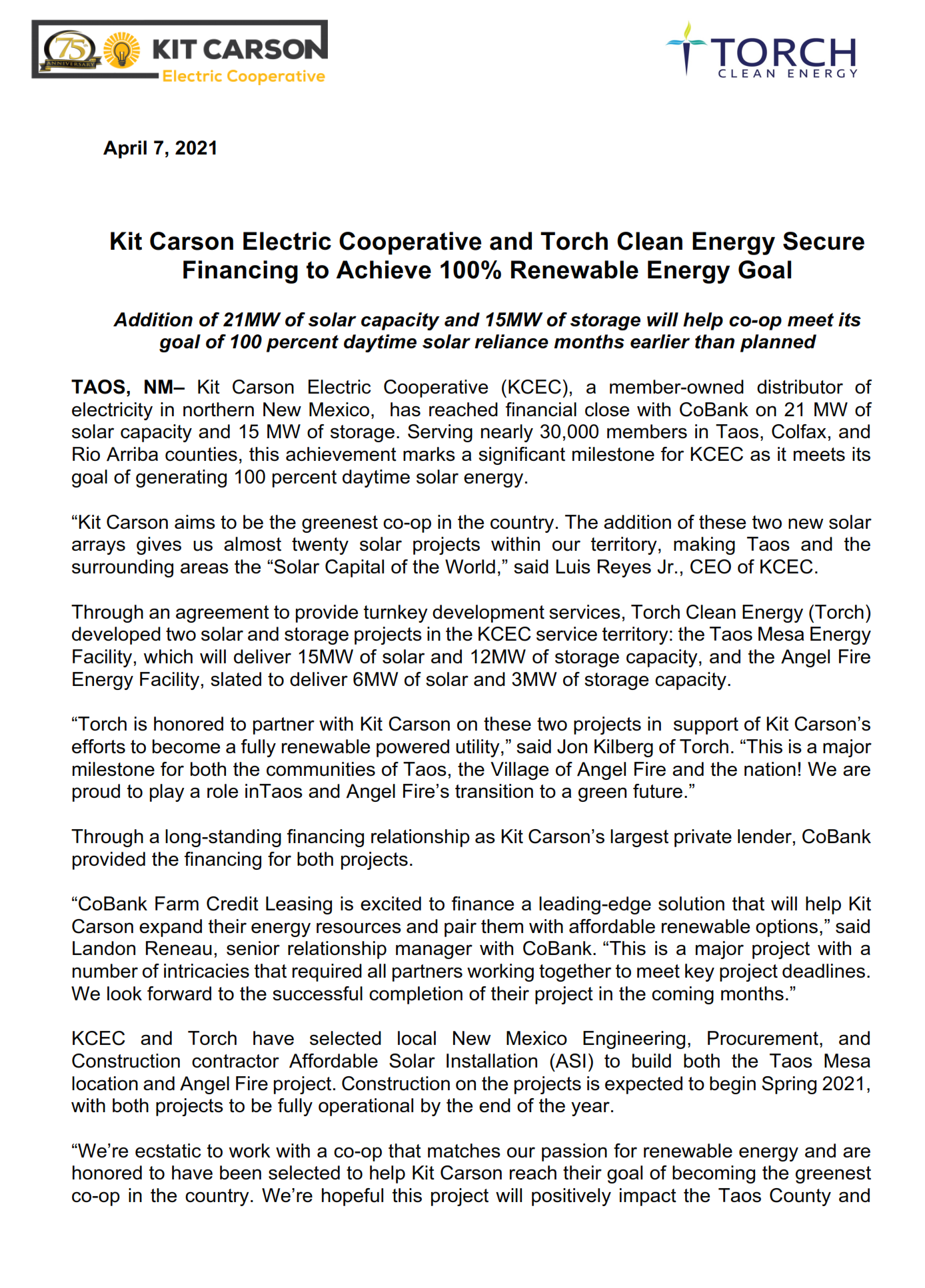 March Counsel Reps Kit Carson Electric Cooperative in Taos Mesa and ...